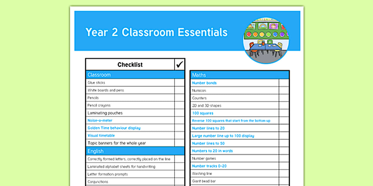 Year 2 Classroom Essentials - Checklist - Twinkl