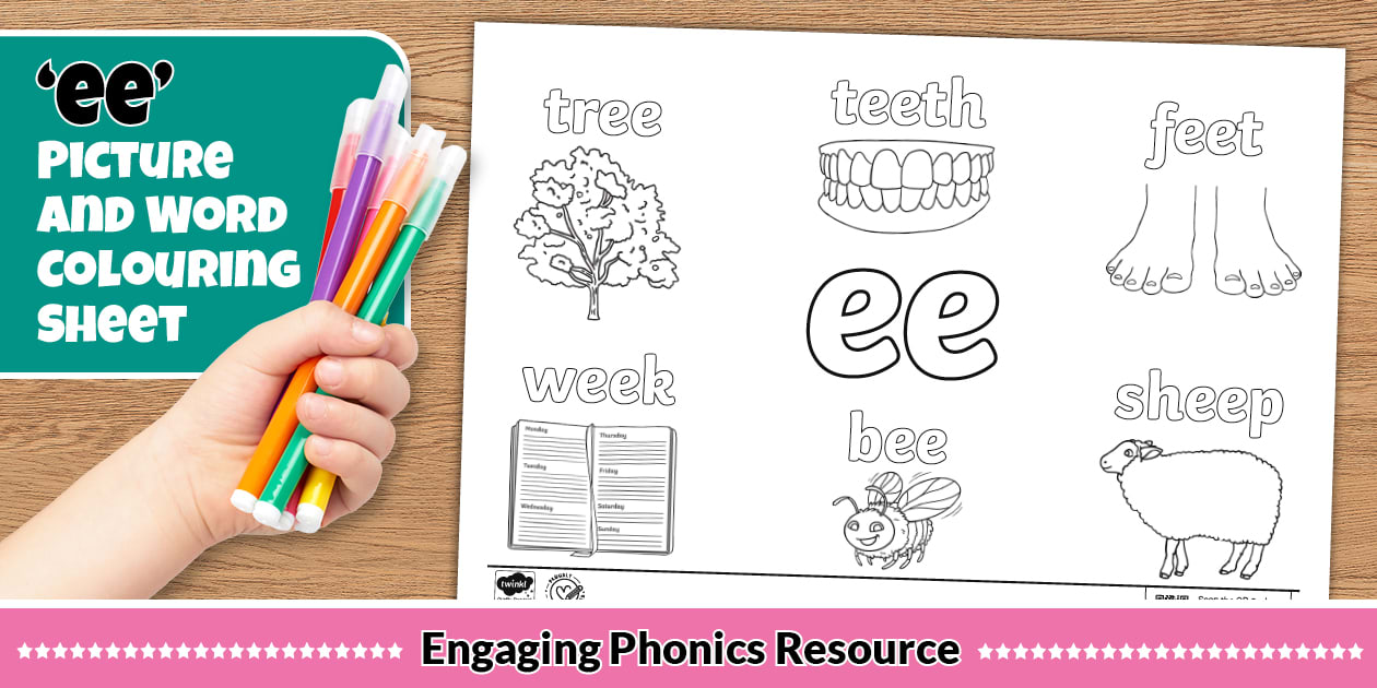 'ee' Picture and Word Colouring Sheet - KS1 - Twinkl