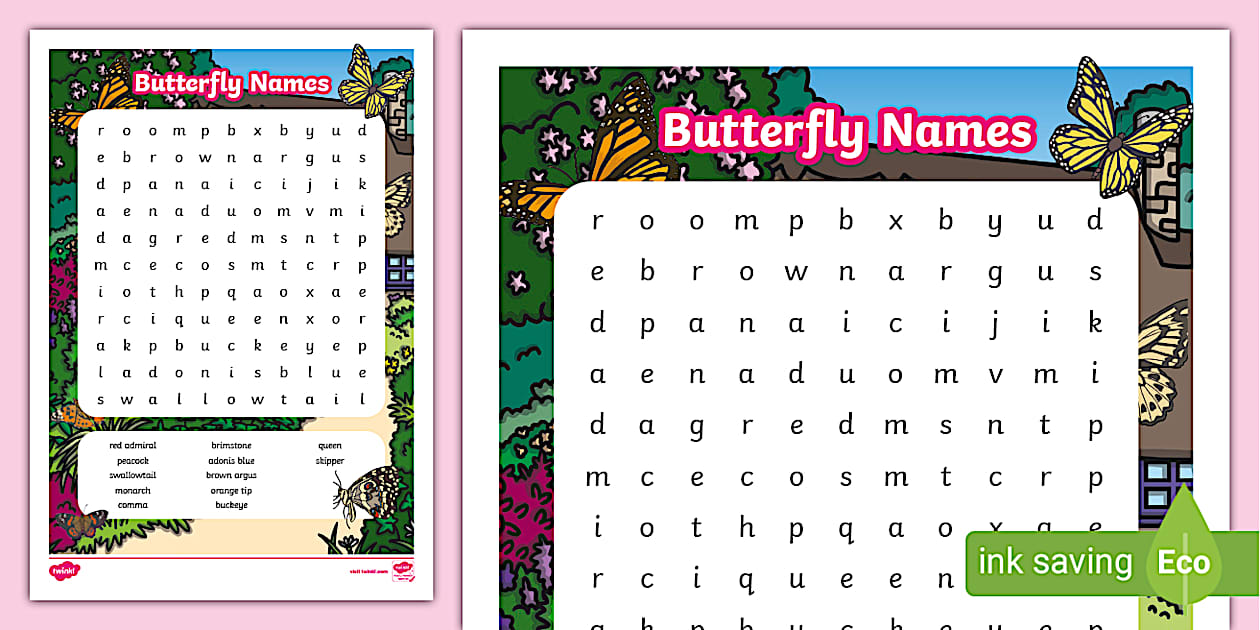 Butterfly Name Word Search | Minibeasts and Bees | Twinkl