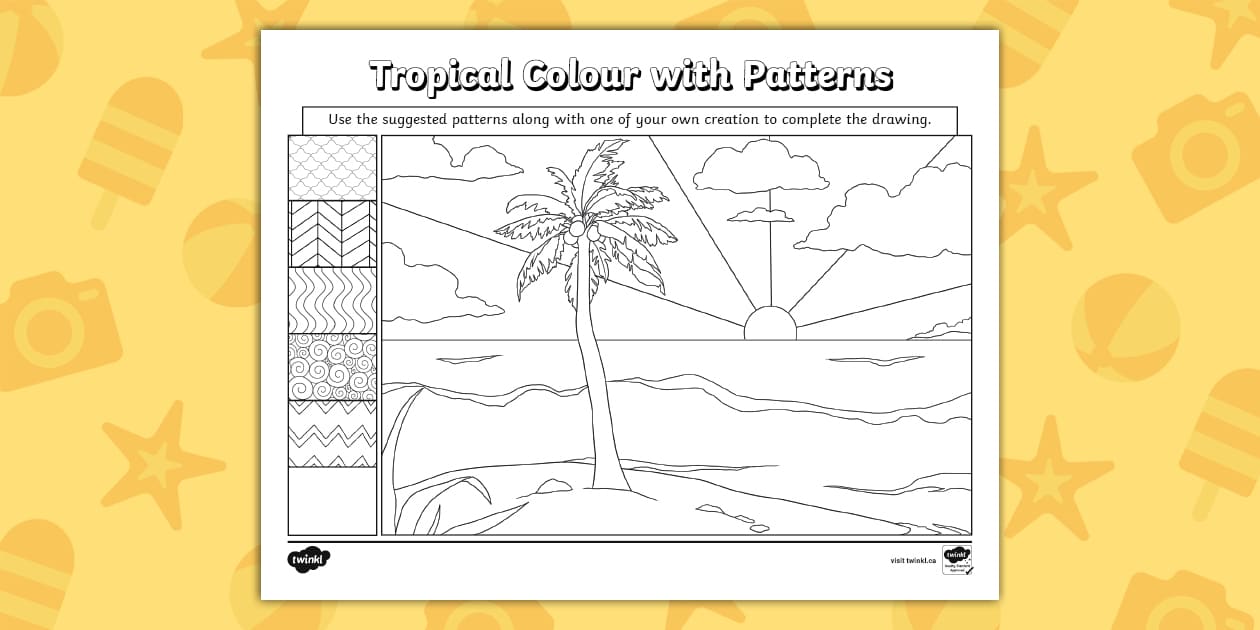 Tropical Colour with Patterns Activity - Twinkl Colouring