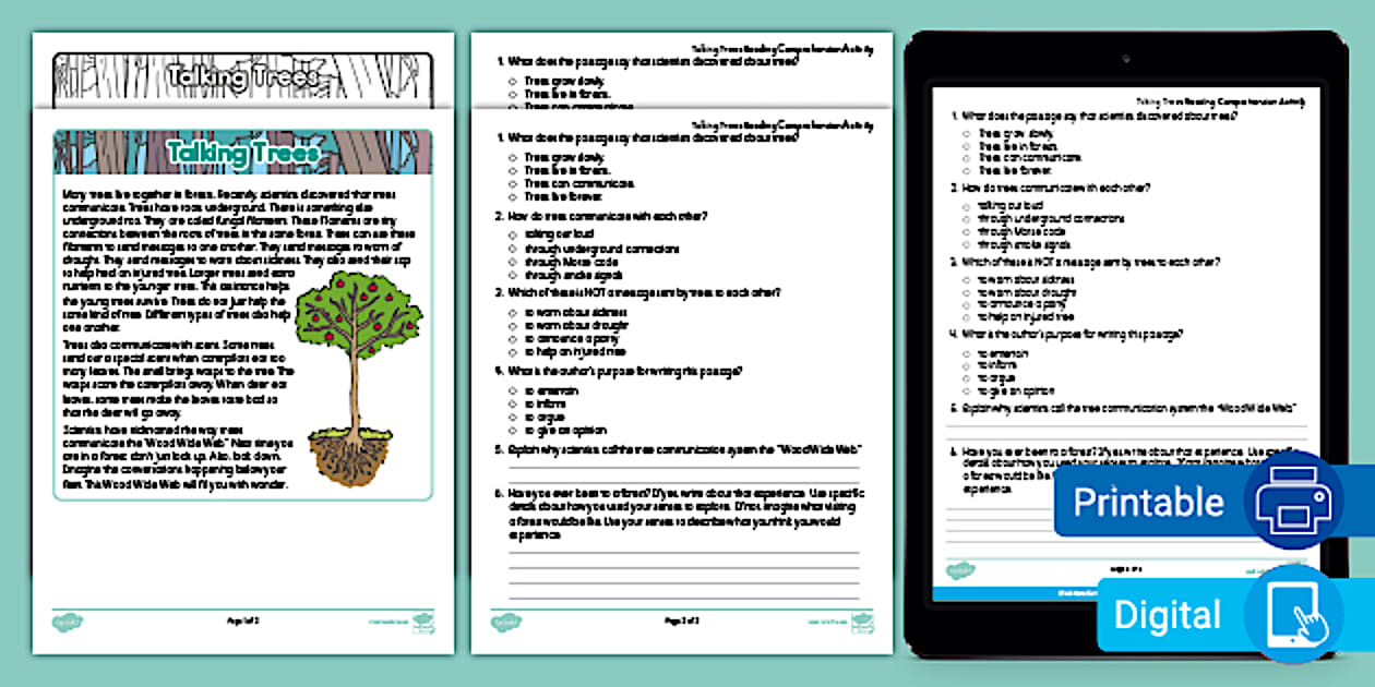 Second Grade Talking Trees Reading Comprehension Worksheet