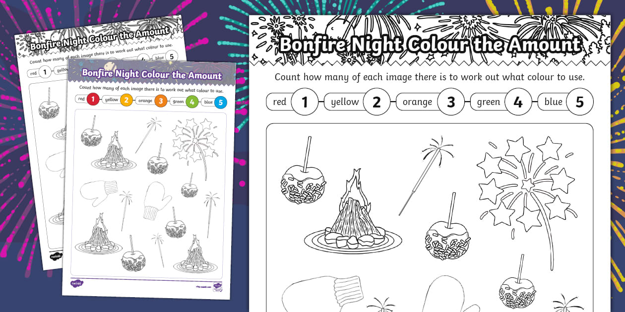 👉 Bonfire Night Colour the Amount Worksheet - Twinkl