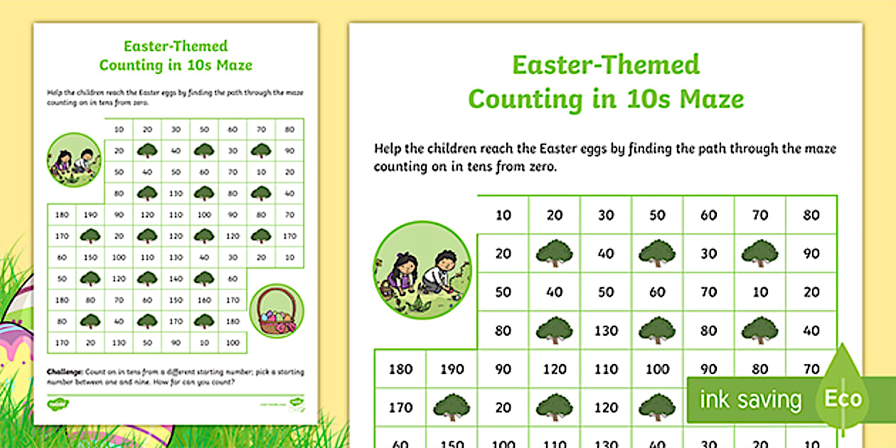 👉 Easter-Themed Counting in 10s Maze Worksheet - Twinkl