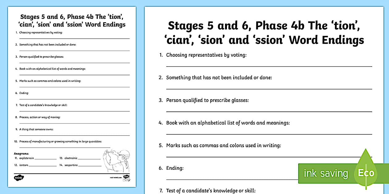 'tion', 'cian' & 'sion' Worksheet - NI Phonics Resources