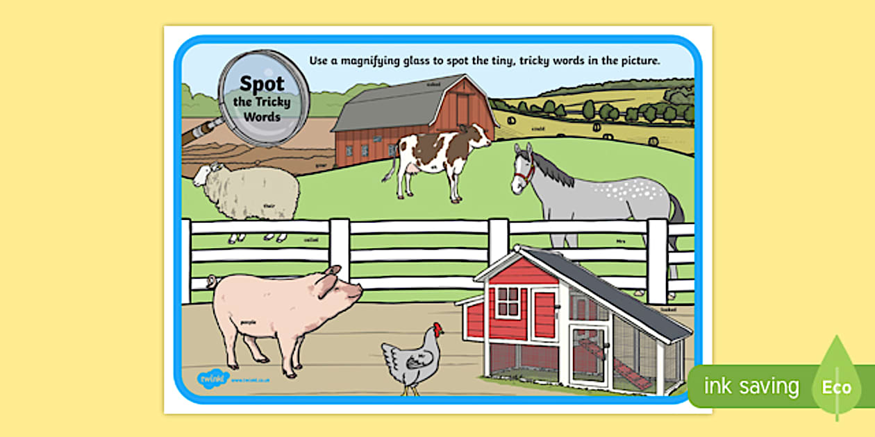 Phase 5 Tricky Words Farm Scene Magnifying Glass Worksheet / Worksheet,