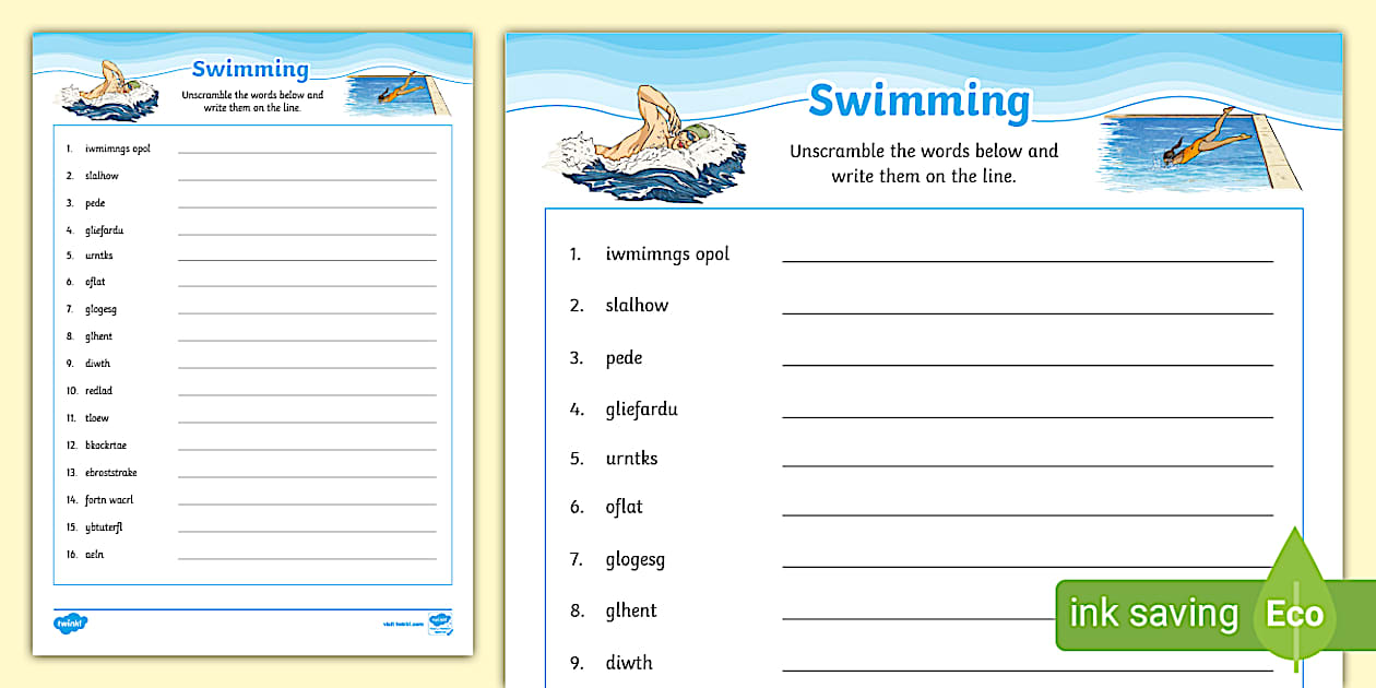 Swimming Word Unscramble Activity Sheet (teacher made)