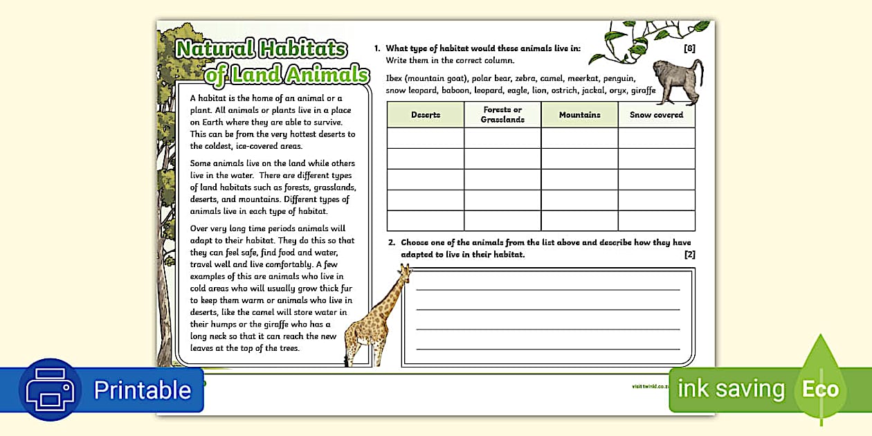 Natural Habitat of Land Animals- Activity Sheet - Twinkl