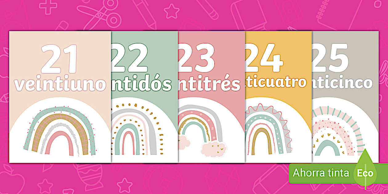 Números del 21 al 30 - carteles diseño arcoíris - Twinkl