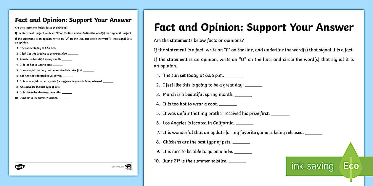Fact and Opinion: Support Your Answer Worksheet for 3rd-5th Grade