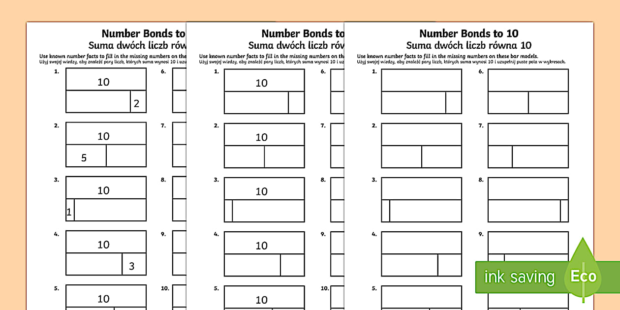 Middle Ability Bar Modeling Number Bonds to 10 Differentiated Worksheets