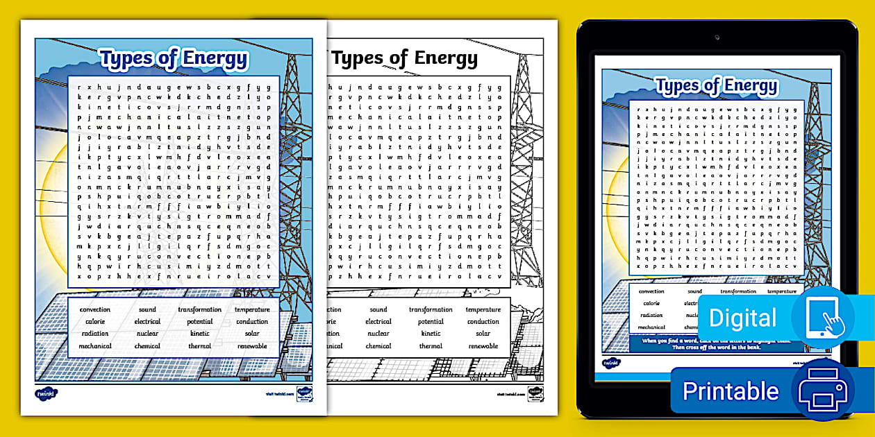 Types of Energy Word Search for 6th-8th Grade - Twinkl