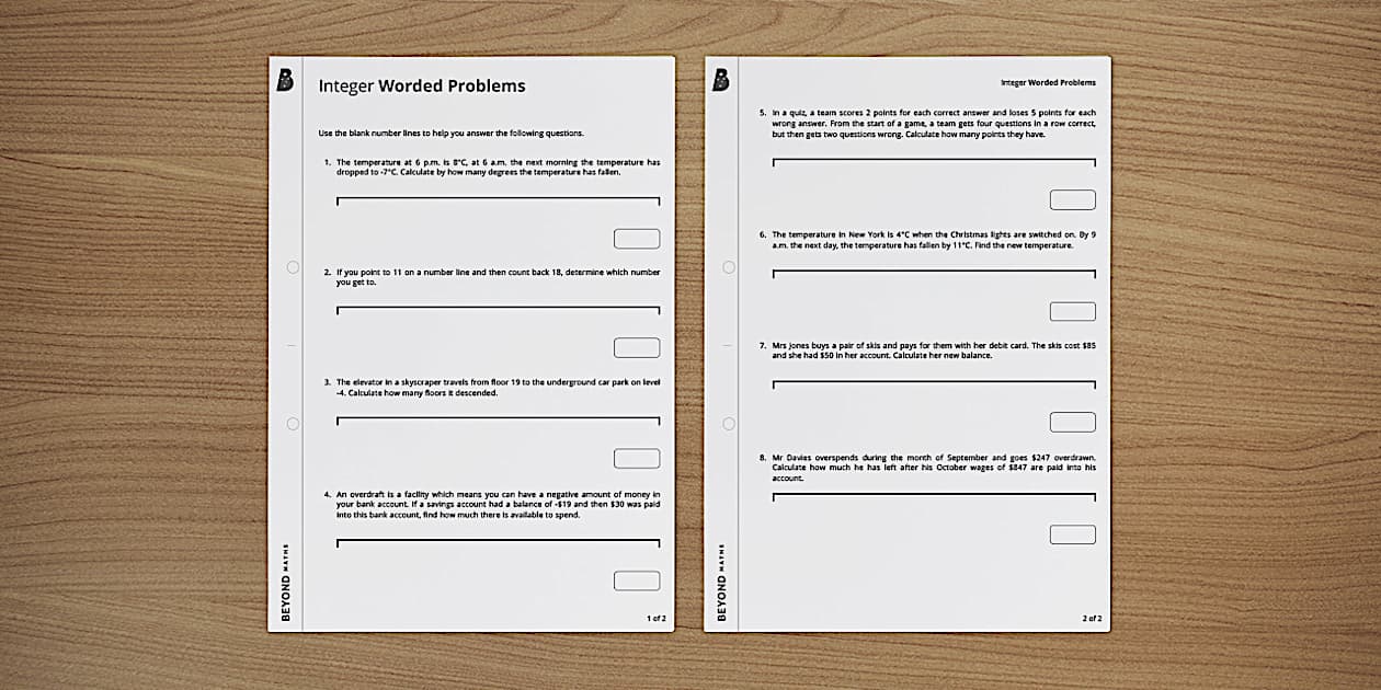 Integer Worded Problems Worksheet (teacher made) - Twinkl