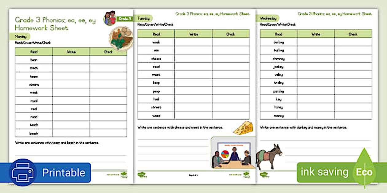 Grade 3 Phonics: ee, ea, ey: Homework Sheet