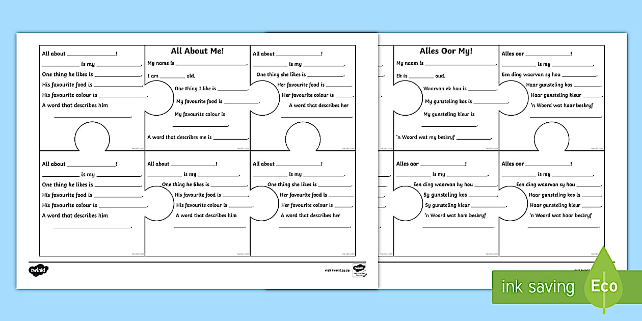 All About Me and My Family Jigsaw Puzzle Activity English/Afrikaans