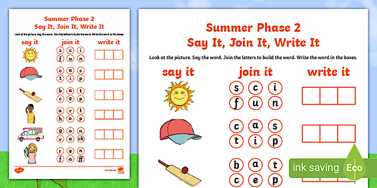 Summer Phase 2 Say It, Join It, Write It Activity - Twinkl