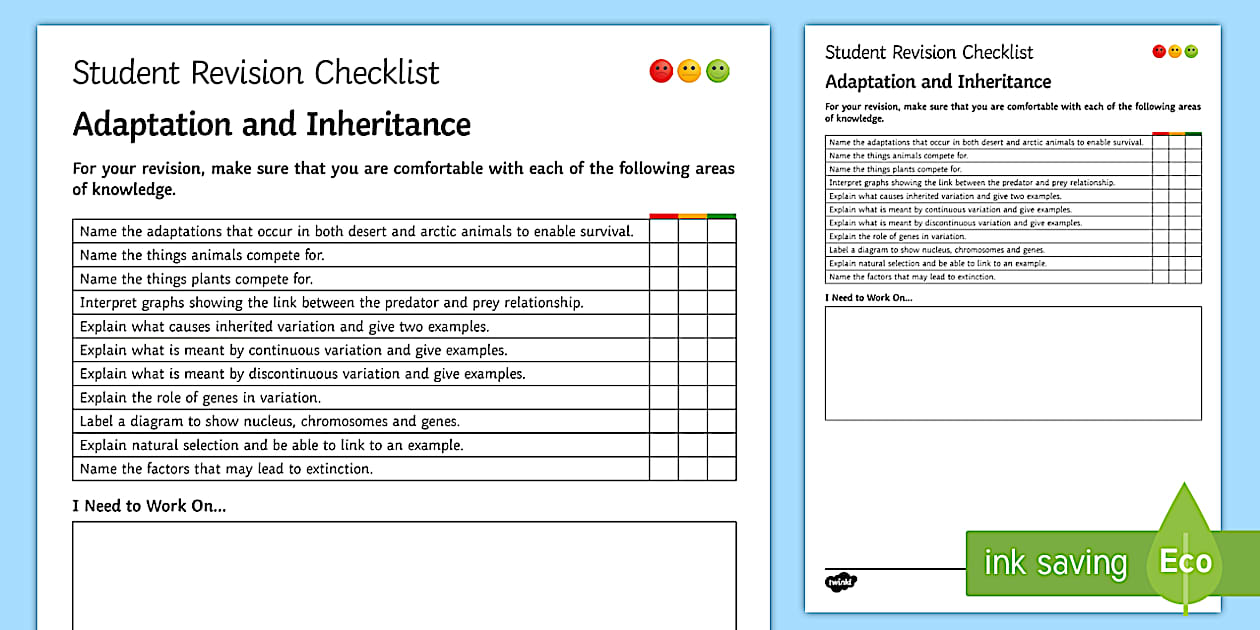 Adaptation and Inheritance Revision Checklist | KS3 Science