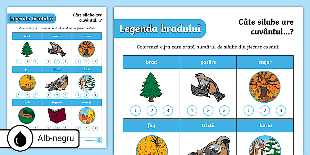 Legenda bradului: Câte silabe are cuvântul? – Fișe de lucru