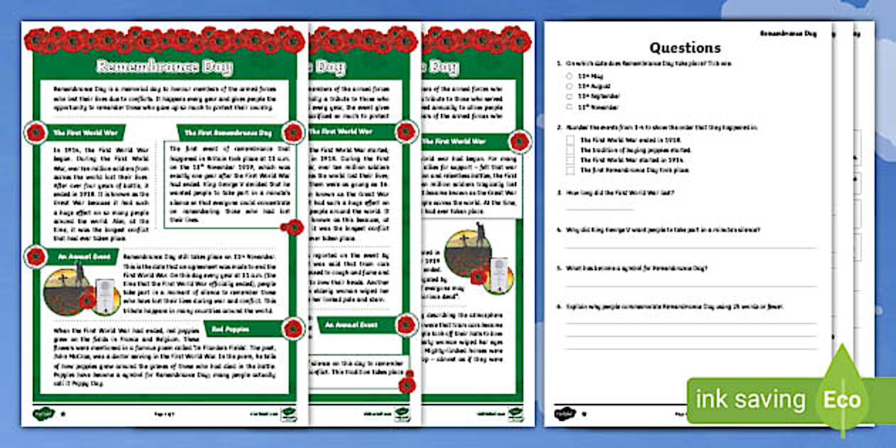 Remembrance Day Reading Comprehension KS2 - UKS2 Resource