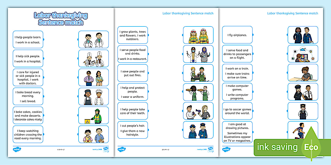 Labor thanksgiving Sentence match activity - Twinkl