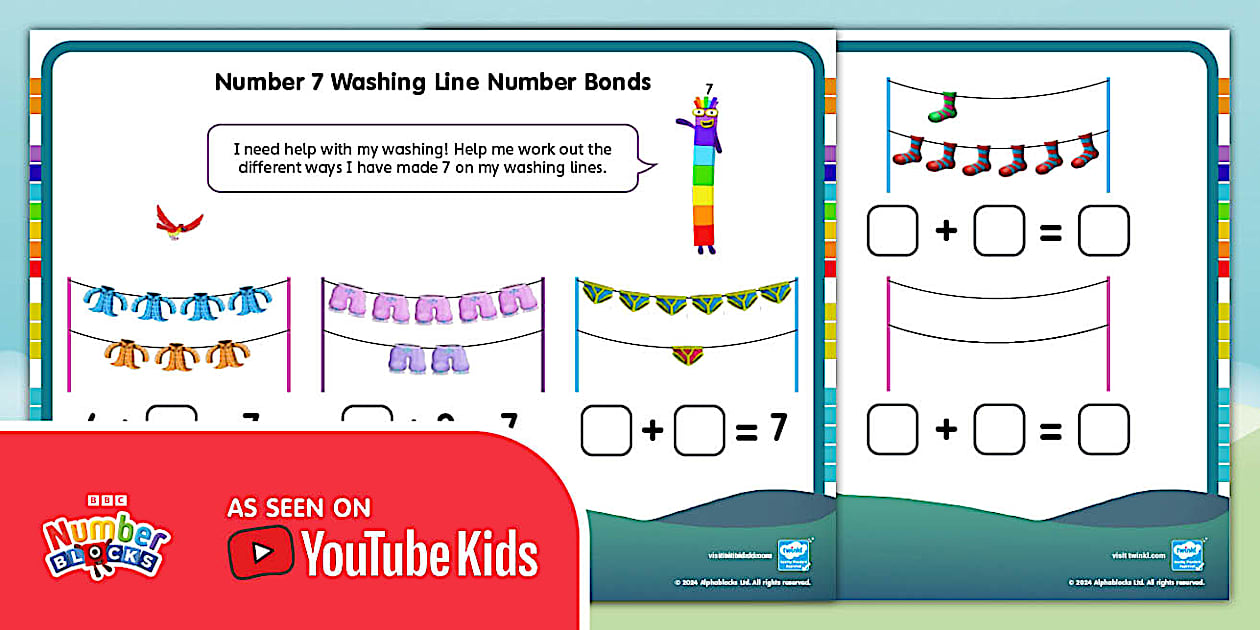 Numberblocks: Number 7 Washing Line Number Bonds Worksheet