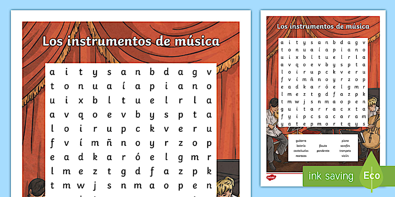 Musical Instruments Word Search Spanish (teacher made)