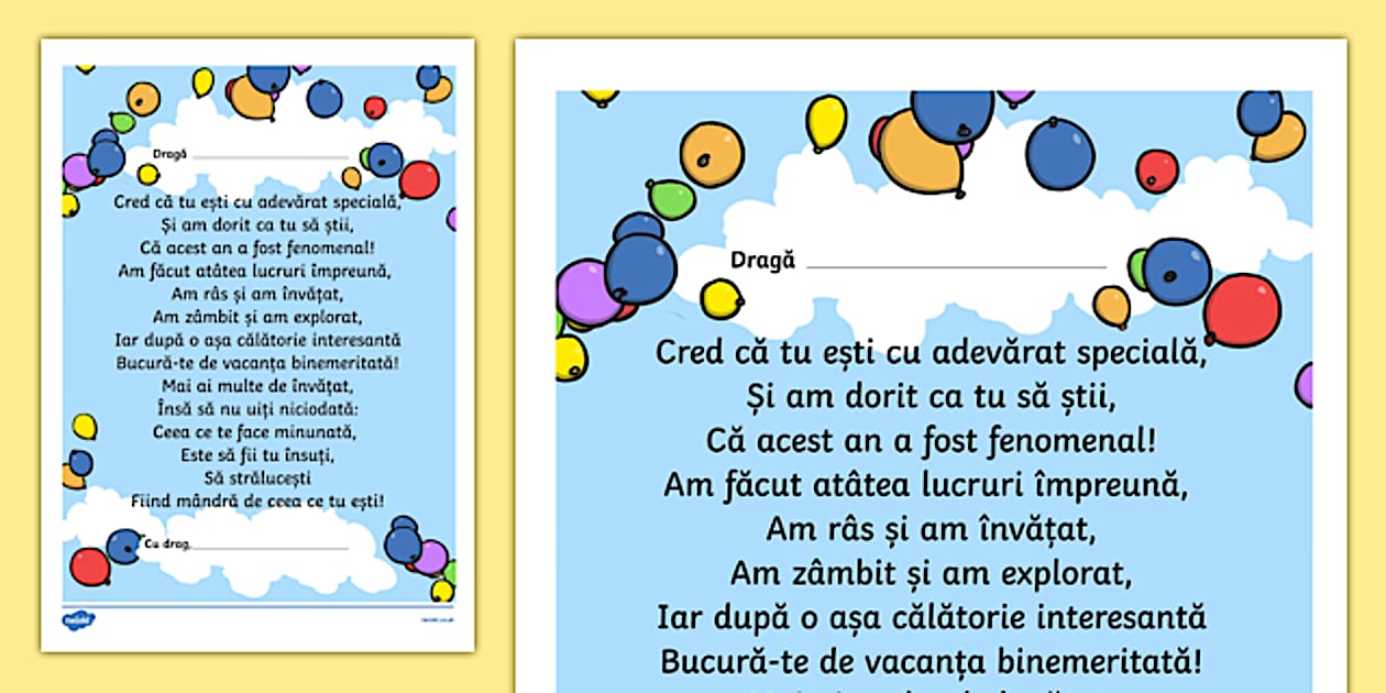 Poezie de sfârșit de an școlar - Planșă | Twinkl România