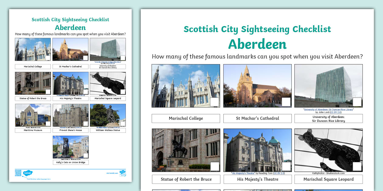 Scottish City Sightseeing Aberdeen Checklist Activity Sheet