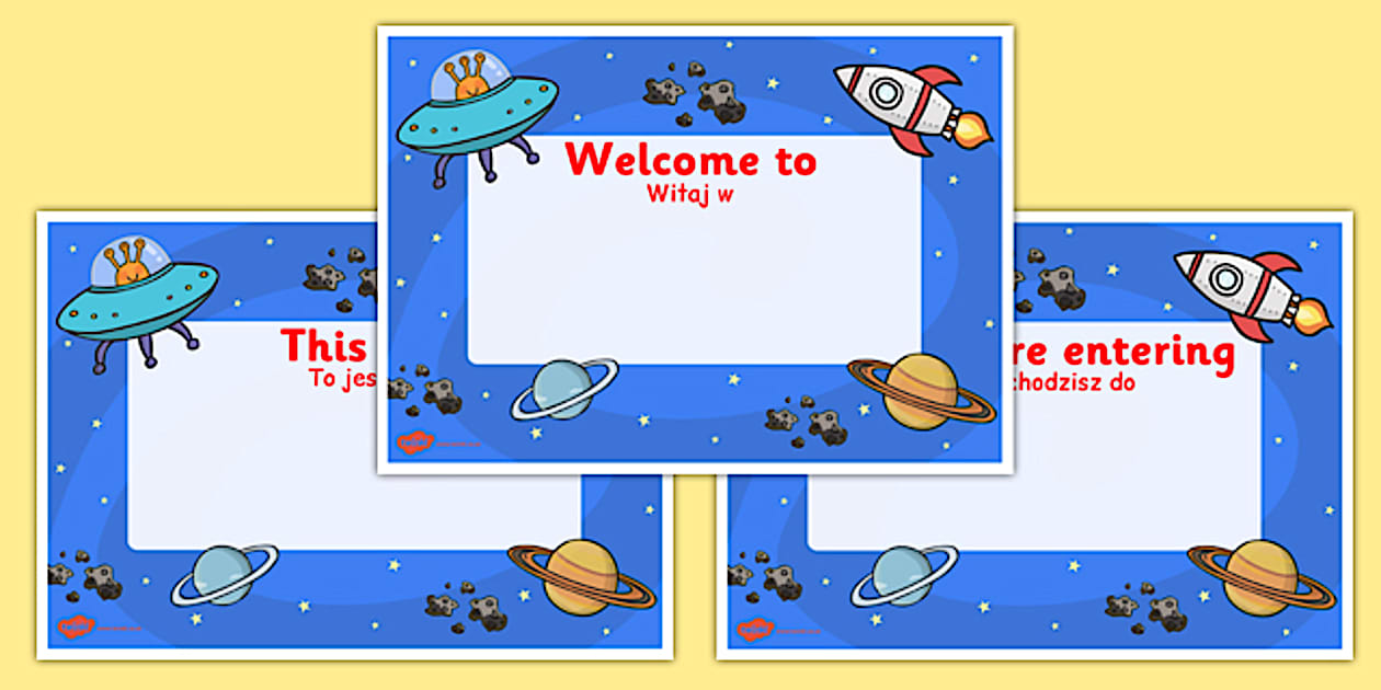 Space Themed Class Welcome Signs Polish Translation - Twinkl