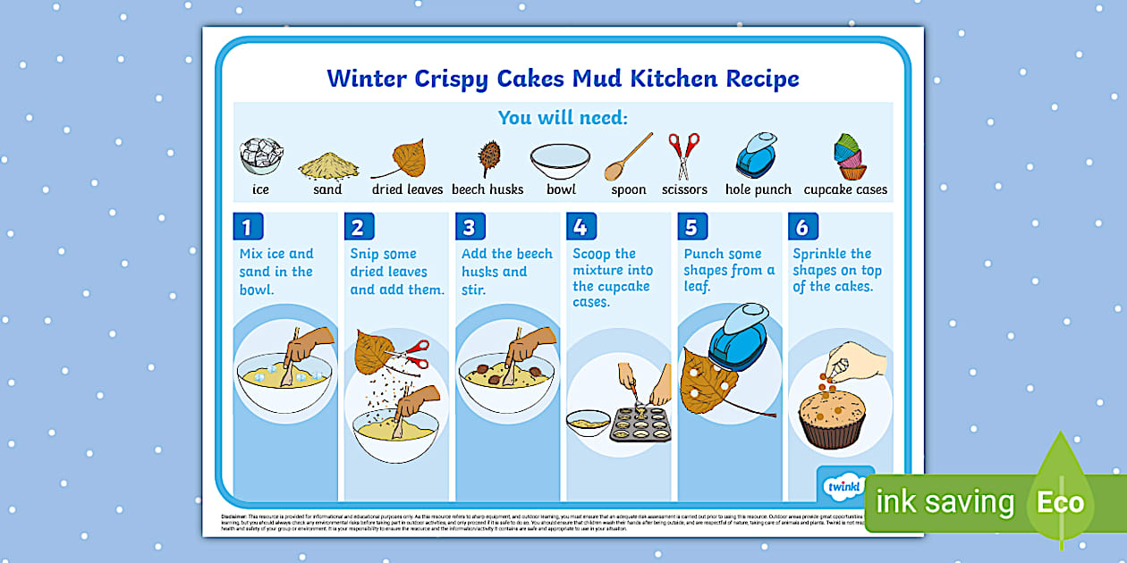Winter Crispy Cakes Mud Kitchen Prompt Card Recipe - Twinkl