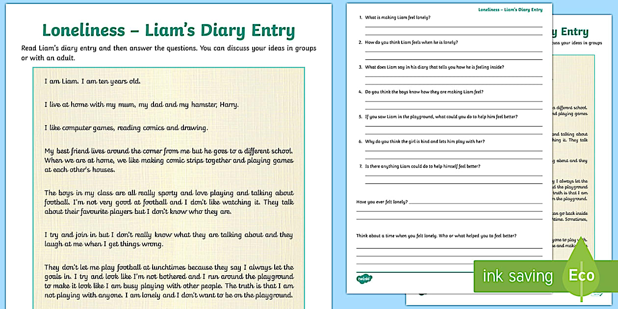 Loneliness - Liams Diary Entry Worksheet (Teacher-Made)