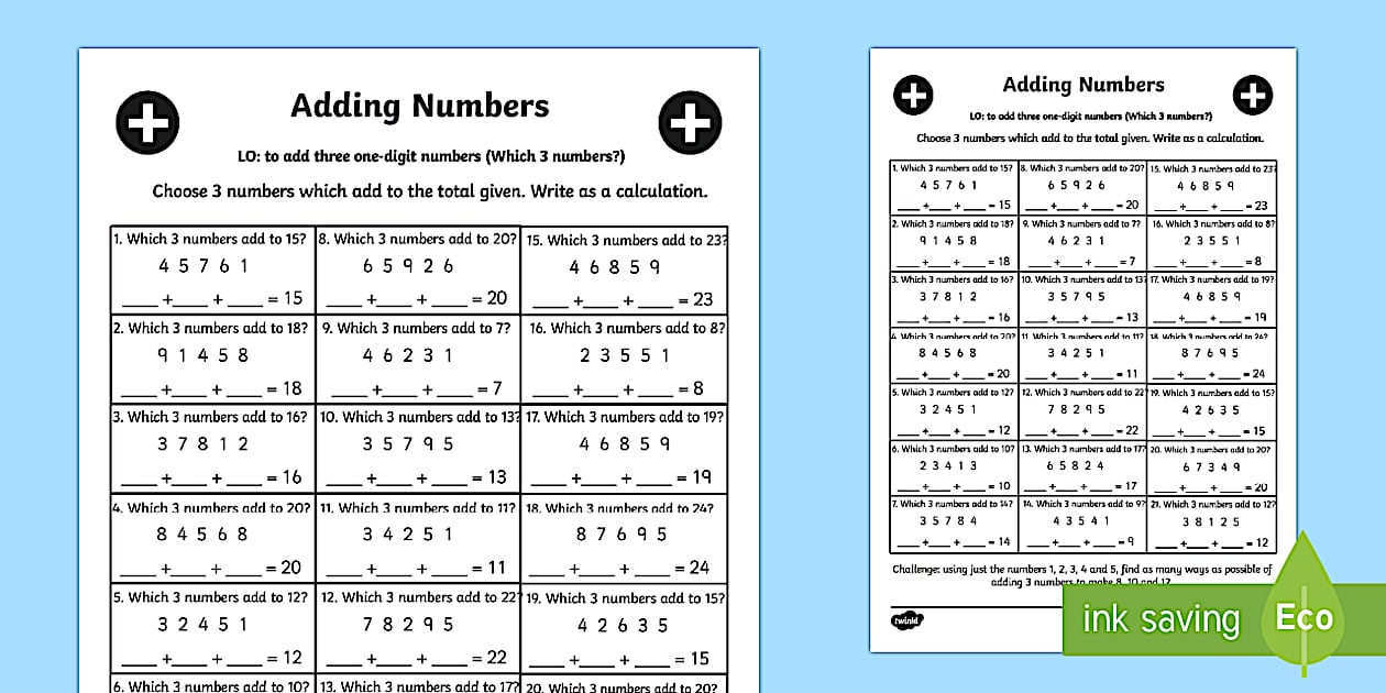 Adding Three One Digit Numbers Lesson 5 Which 3 Numbers Worksheet