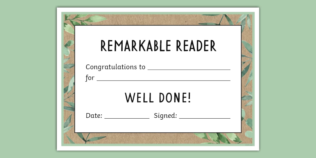 Muted Botanical Themed Reading Certificate (Lehrer gemacht)