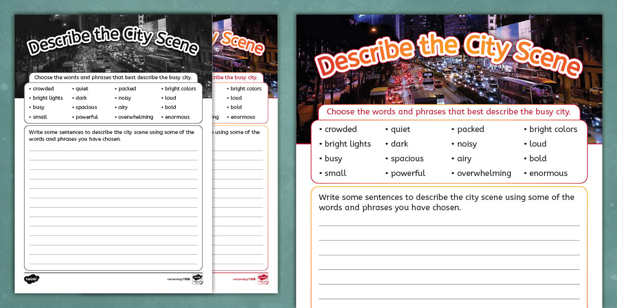 Describe the City Scene Worksheet - Twinkl