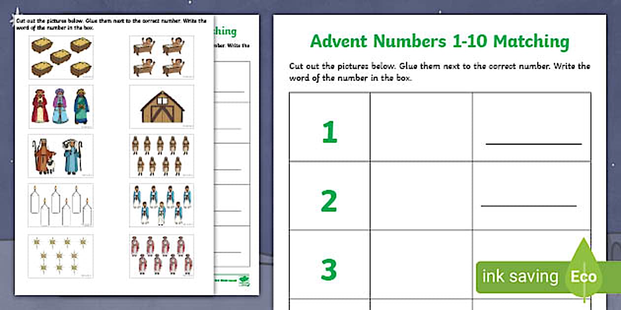 SA Advent Numbers to 10 Matching Worksheet (teacher made)