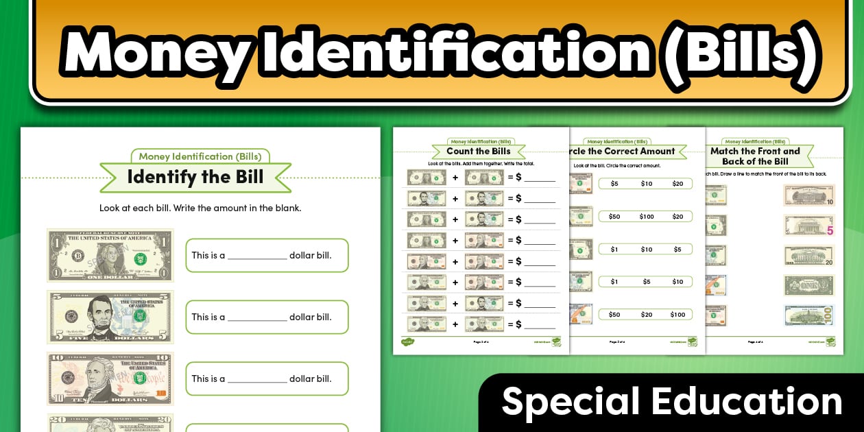Money Identification (Bills) Worksheet for Special Education