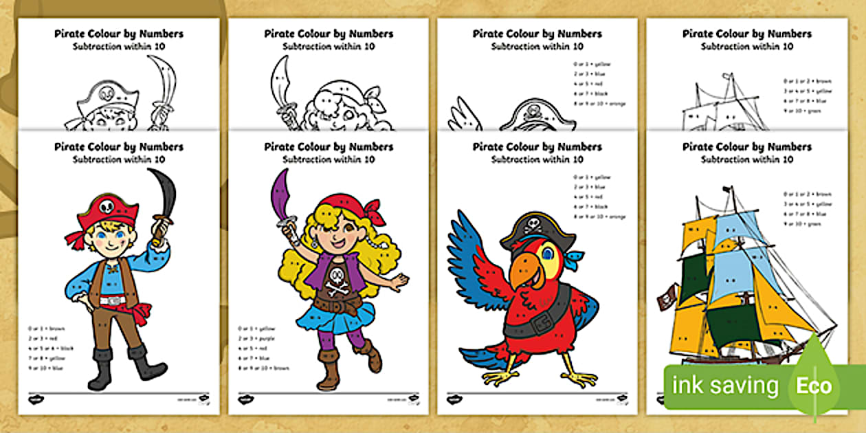 Pirate Themed Subtraction from 10 Colour by Number - Twinkl