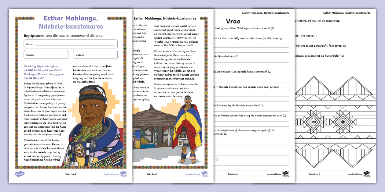 Esther Mahlangu, Ndebele-kunstenares: Begripstoets - Twinkl