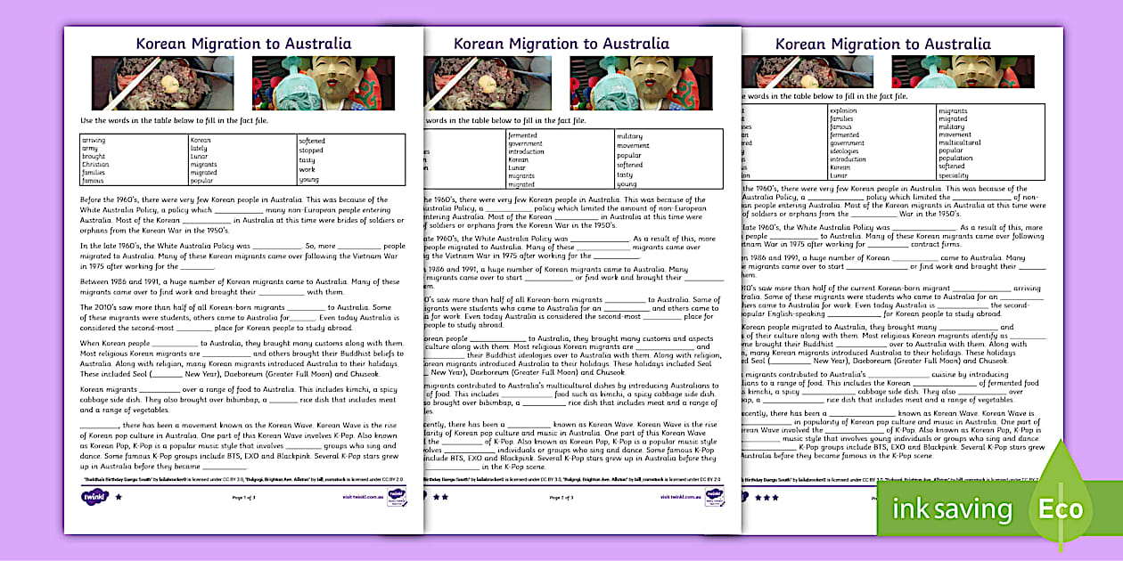 Korean Migration to Australia Cloze Activity