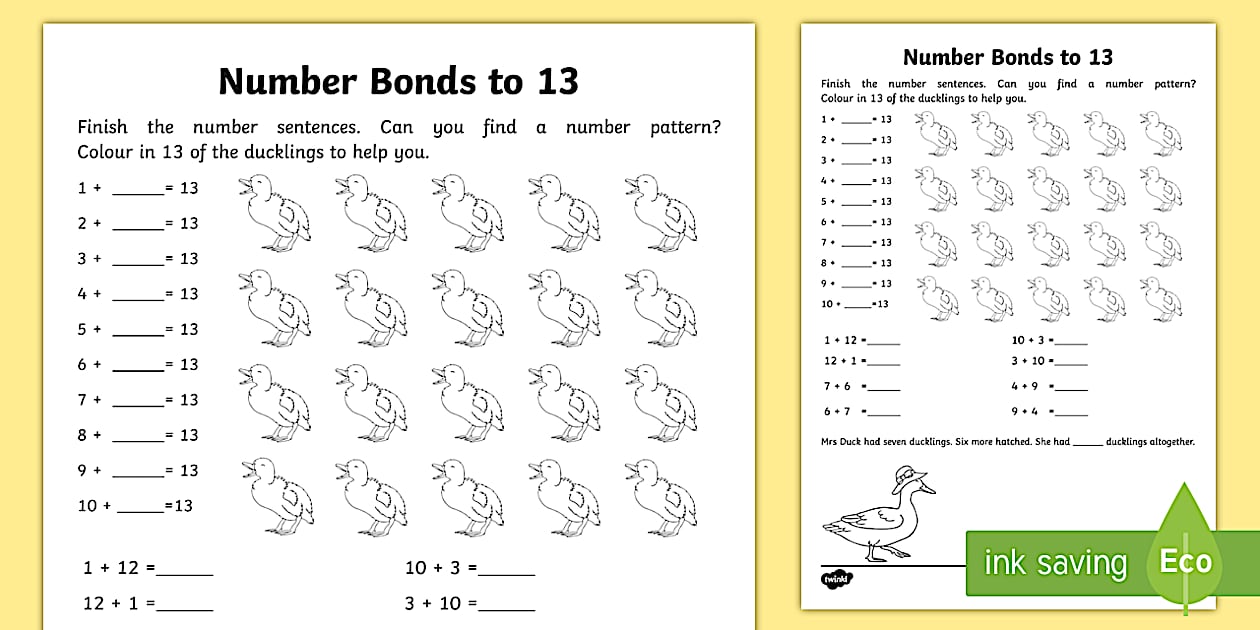 Editable Number Bonds Within 20: Bonds to 13 Worksheet