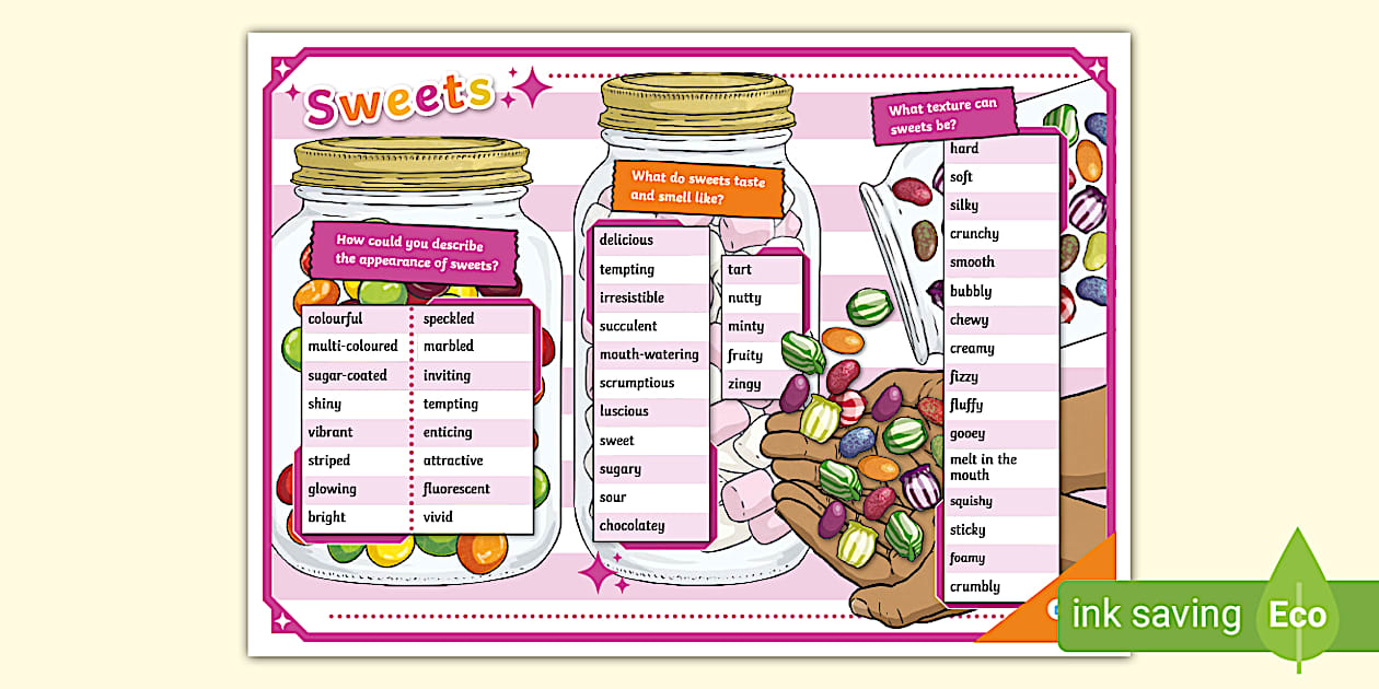 KS2 Descriptive word mat: sweets (teacher made) - Twinkl