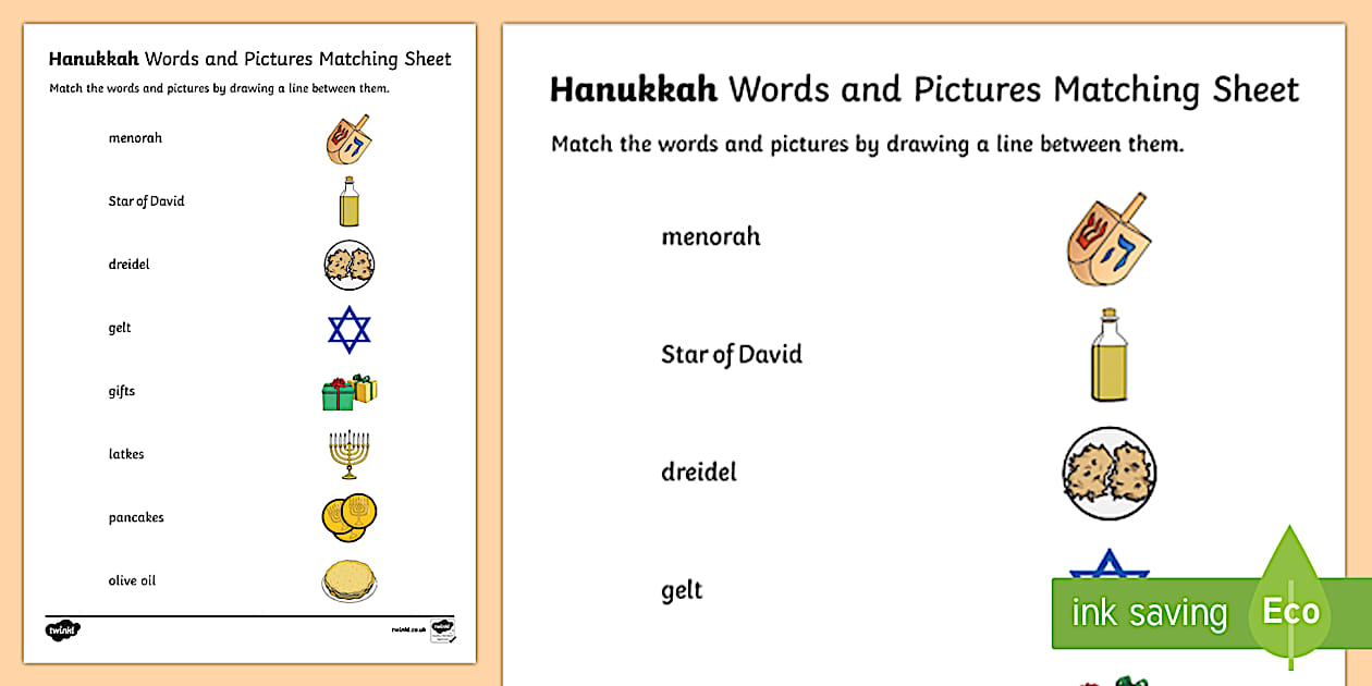 Hanukkah Words and Pictures Matching Activity - ESL Hanukkah