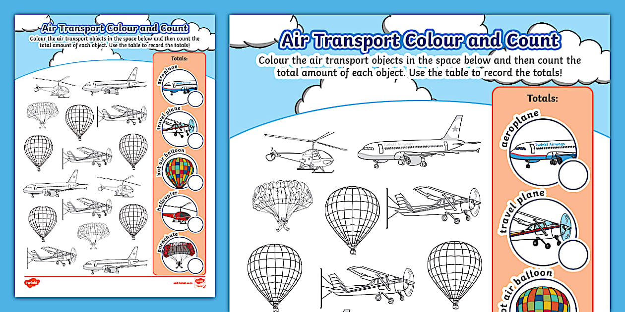 Air Transport Colour and Count Worksheet (teacher made)