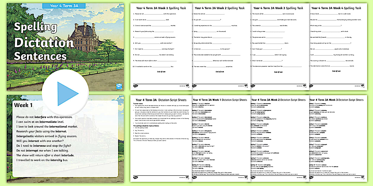 Year 4 Term 3A Spelling Dictation Sentences Activity Pack