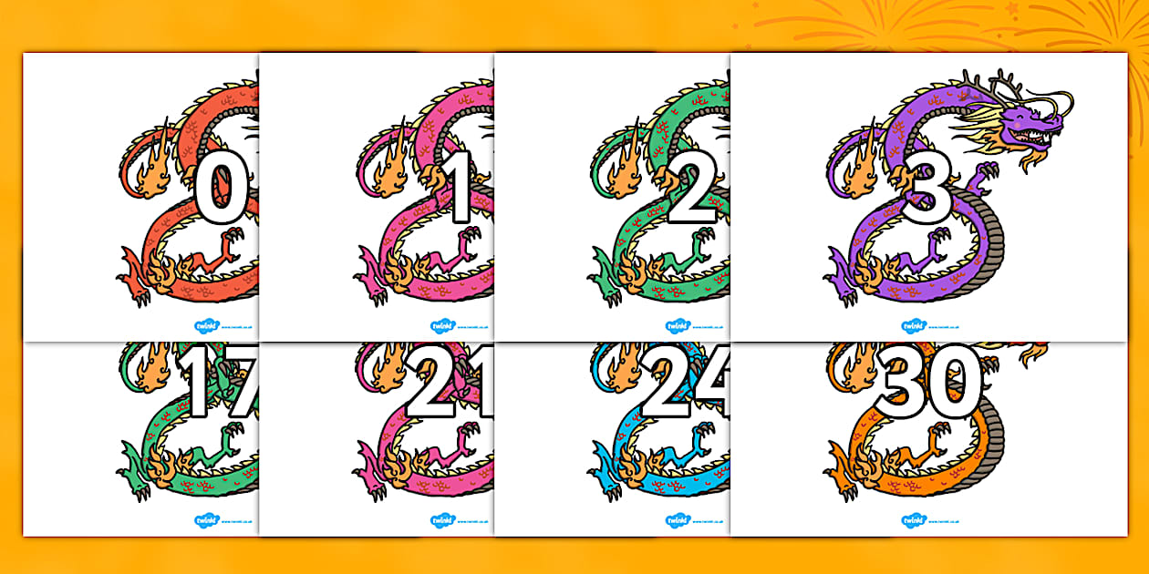 Numbers 0-30 on Coloured Chinese Dragons - Twinkl
