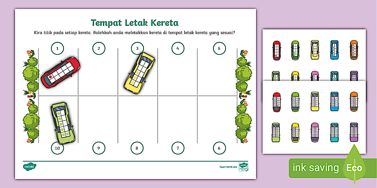 Lembaran Kerja Aktiviti Mengira Tempat Letak Kereta - Twinkl