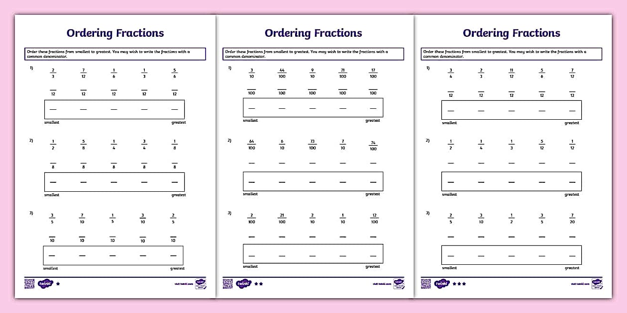 Year 5 Fractions Worksheet – Ordering Fractions - Twinkl
