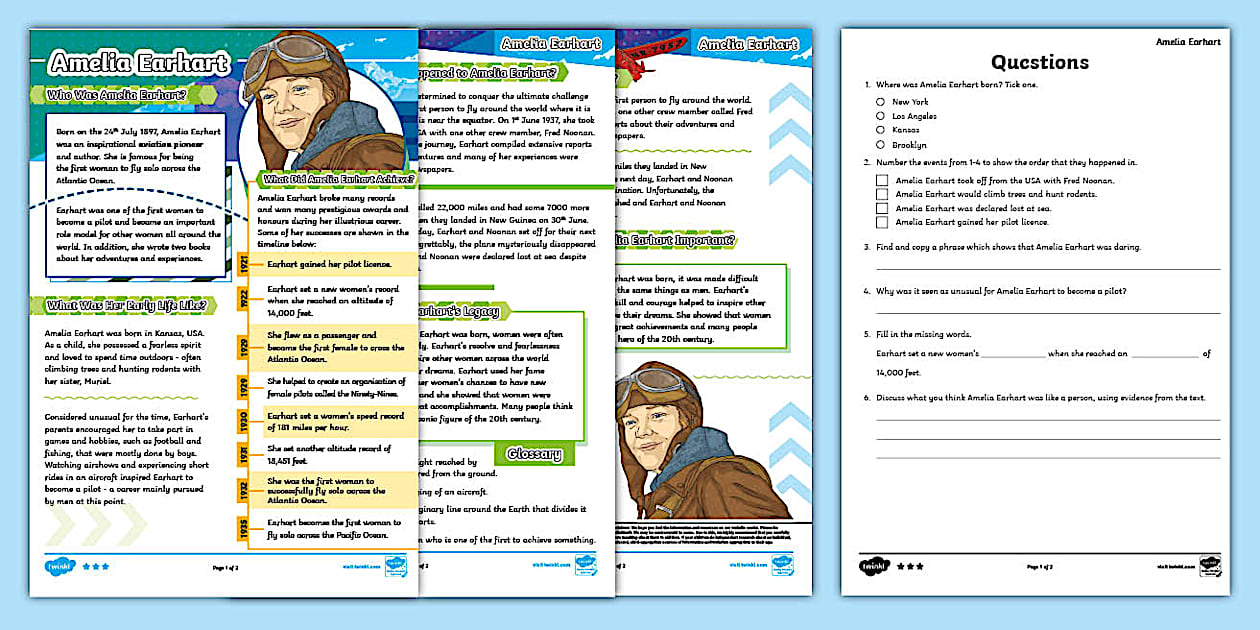 LKS2 Amelia Earhart Differentiated Reading Comprehension Activity Ages 7-9