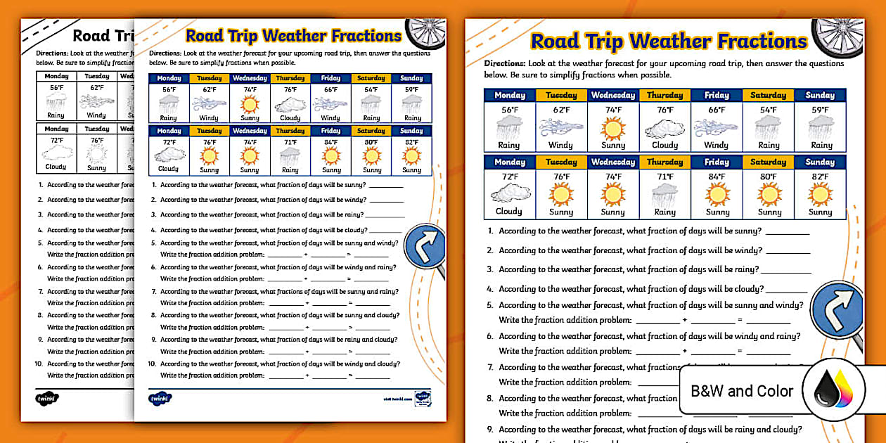 Fourth Grade Road Trip Weather Fraction Worksheet - Twinkl