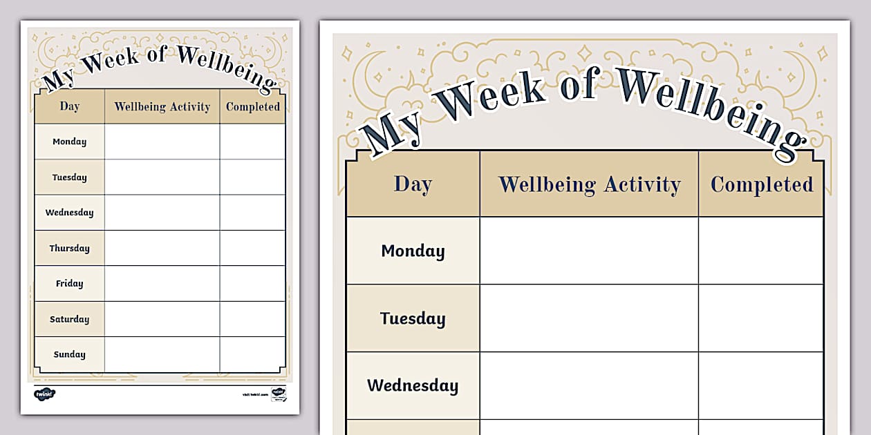Celestial-Themed My Week of Wellbeing Worksheet - Twinkl