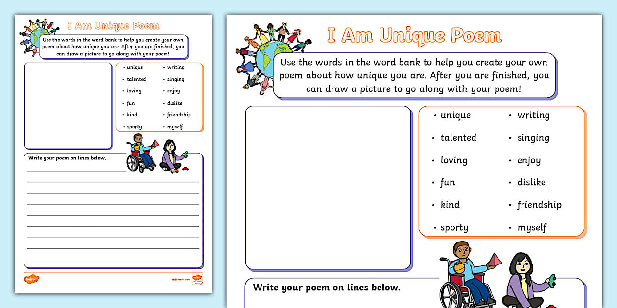 I Am Unique Poem Writing Template (teacher made) - Twinkl